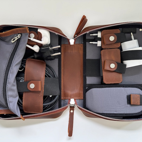 Cable Organizer Travel, Leather Cable and Charger Organizer Bag ...