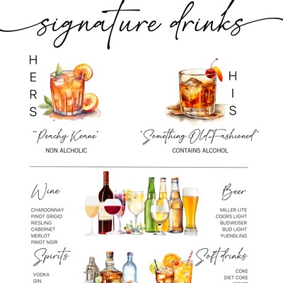 His and Her Drinks Signature Sign Template Wedding Bar Menu - Etsy