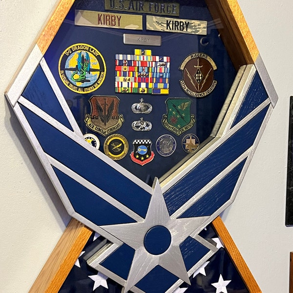 Handcrafted Air Force Shadow Box With Flag Case Stand Oak and Navy ...