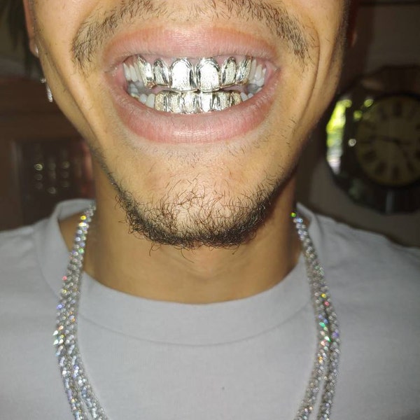 Sterling Silver Grillz 925 Custom Silver Teeth Real Diamond Dust Silver ...