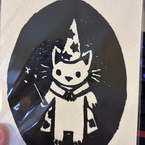 Magical Wizard Cat Linocut Block Print 4 X 6 Mini Print Printmaking ...