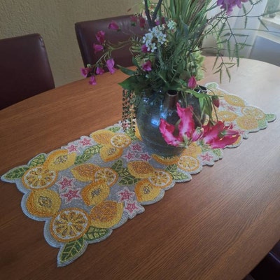 Handmade Table Runner, Lemon and Leaves Beaded Runner Floral ...