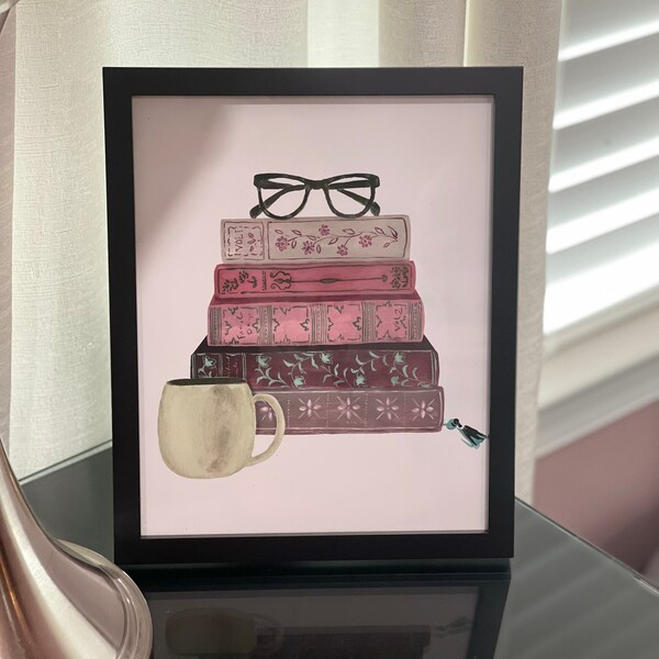 Stack of Books Decor Book Wall Art Print Watercolor Bookshelf Read ...