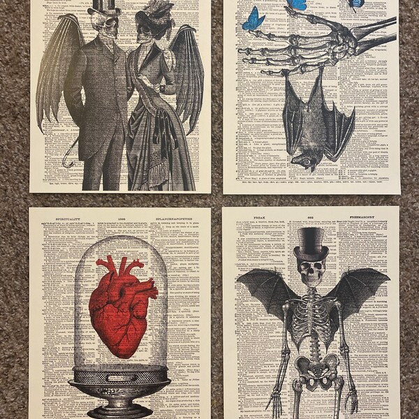 Skull Print Set of 4 Gothic Wall Art Skeleton Couple Skull Heart Love ...