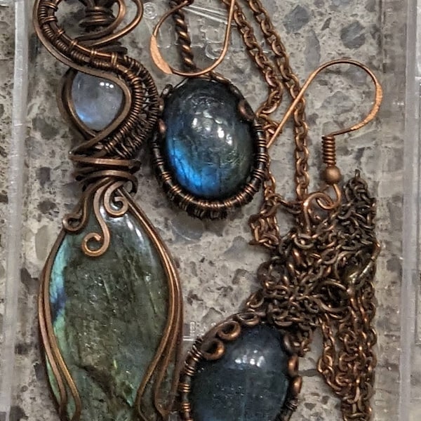 Labradorite Copper Gemstone Earrings Copper Wire Wrapped Earrings ...