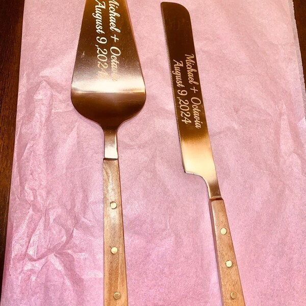 Personalized Wedding CAKE CUTTING SET Rose Gold Wood Cutter Knife ...