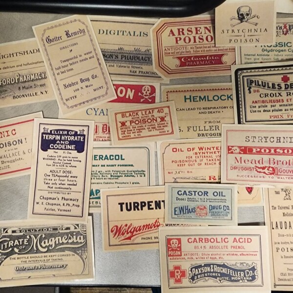 Set of 12 Elixir Syrup & Remedy Vintage Victorian APOTHECARY LABELS ...