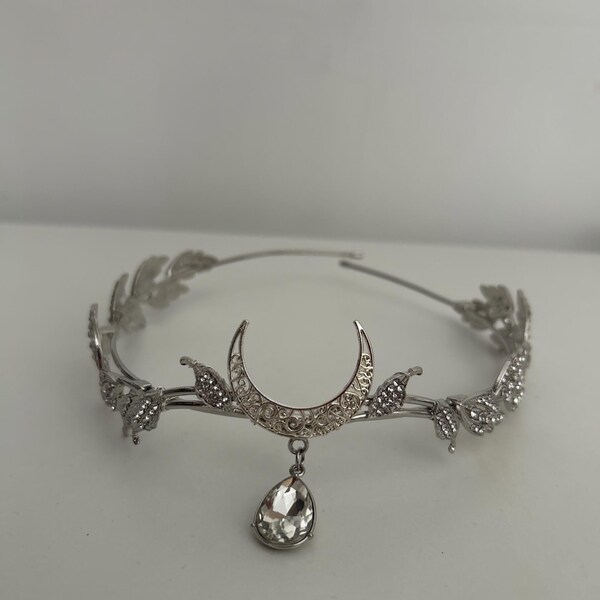 Crescent Moon Crown, Moon Head Band, Silver Leaf Tiara, Elven Hairpiece, Fairy Headpiece ...