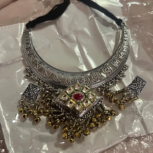 Indian Ethnic Choker Hasli Jewelry Set, Silver Oxidized Dual Tone ...