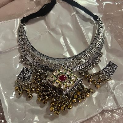 Indian Ethnic Choker Hasli Jewelry Set, Silver Oxidized Dual Tone ...