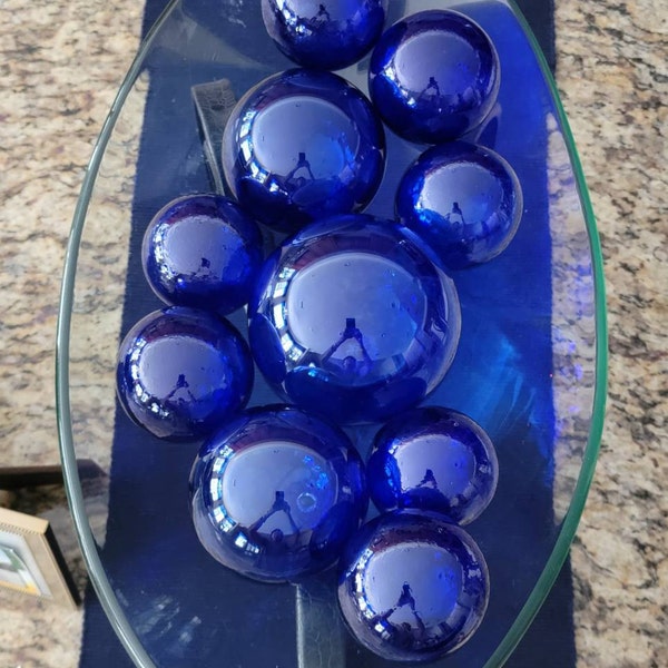 Cobalt Blue Glass Floats, Set of 3 milky Way Garden Balls, Coastal ...