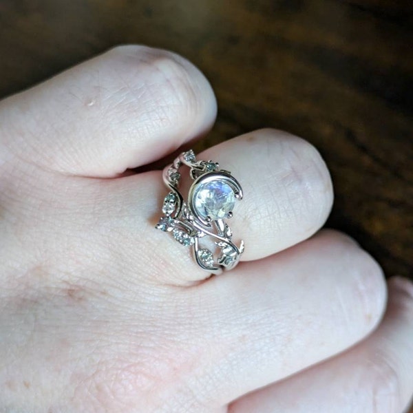 Natural Moonstone Engagement Ring Bridal Sets Art Deco Ring Moon Star ...
