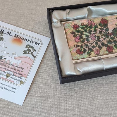 Mother of Pearl Asian Inlay Flower Jewelry Box Purple Vintage Keepsake ...