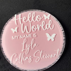 Personalised Acrylic Disc, Hello World Acrylic Disc, Baby Announcement ...