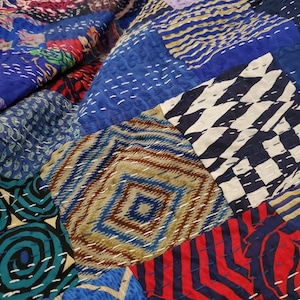 PATCHWORK KANTHA QUILT Indian Vintage Throw Blanket Cotton Bedcover ...