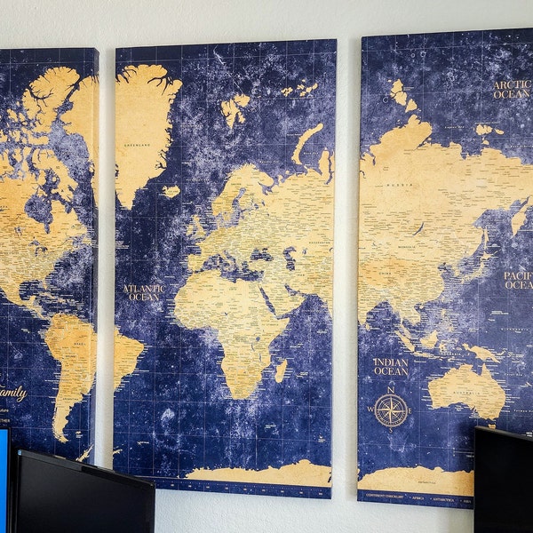 Gold & Navy Textured World Push Pin Map on Premium Canvas With ...
