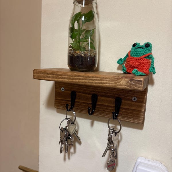 Dark Oak Waxed Wall Mounted Key Holder With Shelf “black Hooks” Key ...
