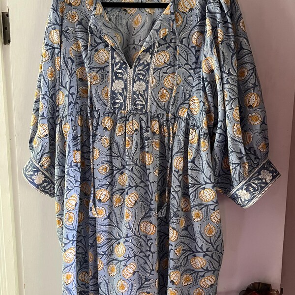 Blue Floral Block Print Cotton Fabric: Delft Blue, Sage Green - by the ...