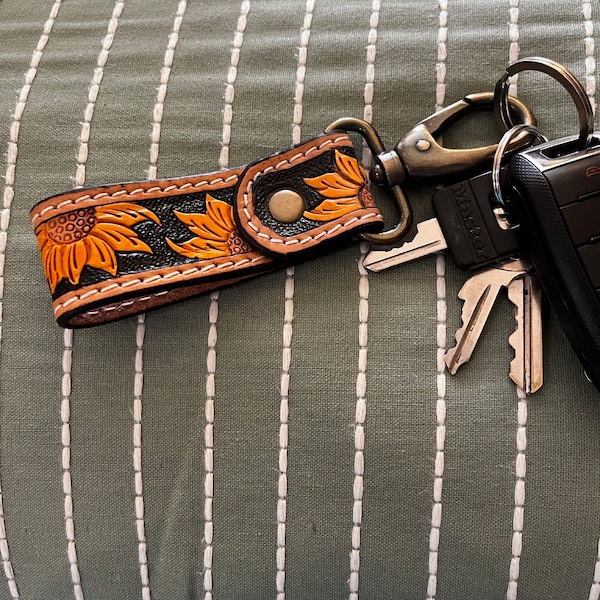 Tooled Leather Tab Key Fob - Etsy