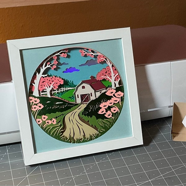 Spring Barn Landscape Shadow Box SVG Template: 3D Farmhouse Decor ...