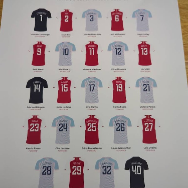 Arsenal Women's Super League 2023-24 Squad Print - Shirt Poster Art ...