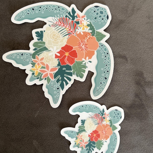 Sea Turtle With Flowers Clear Vinyl Sticker || Ocean Stickers Surf ...