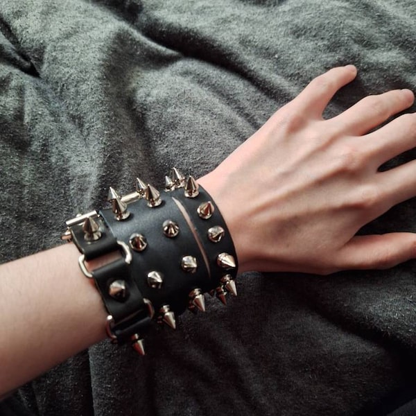 2 Row Silver Spike Punk Snap Bracelet. Grunge Studded Bracelet. Cowhide ...