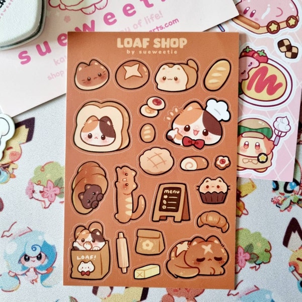 Loaf Shop Waterproof Sticker Sheet | Kawaii Chibi Art Kitten | Cute ...