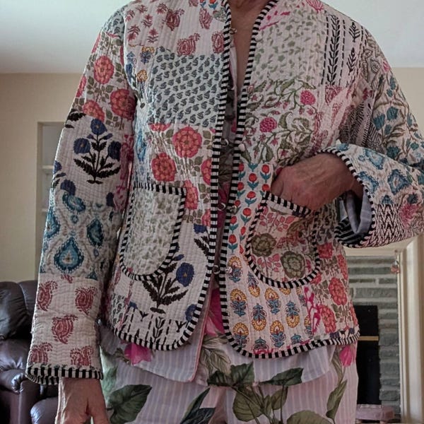 Indian Block Print Quilted Jacket, Handmade Women Wear Pink Flower Reverisble Bohemian Jacket ...