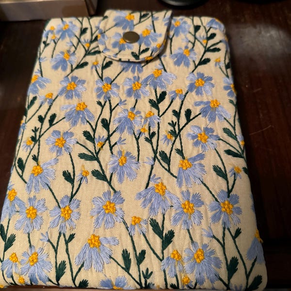 Blue Beige Daisy Embroidered Book Sleeve, Kindle Sleeve, Ereader Cover ...