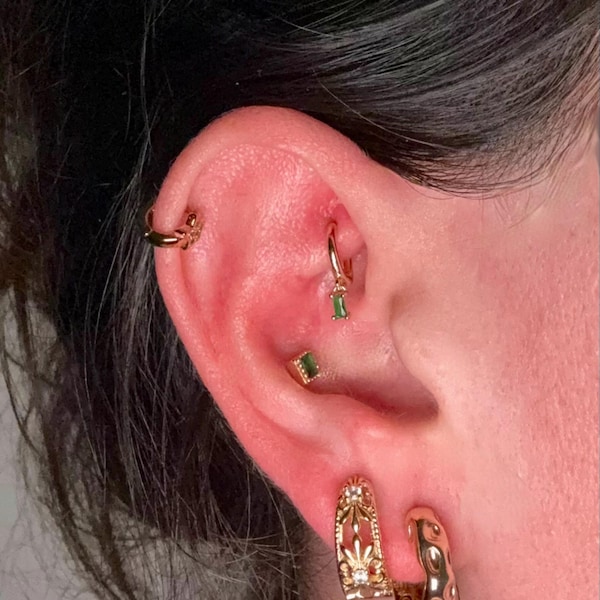 18G Tiny Diamond Baguette Rook Hoop Earring • Tiny Gold Cartilage Hoop ...