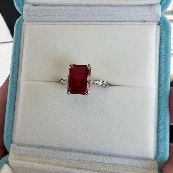 8*11mm Emerald Cut Lab Created Ruby Ring Solid 14K/18K Yellow Gold ...