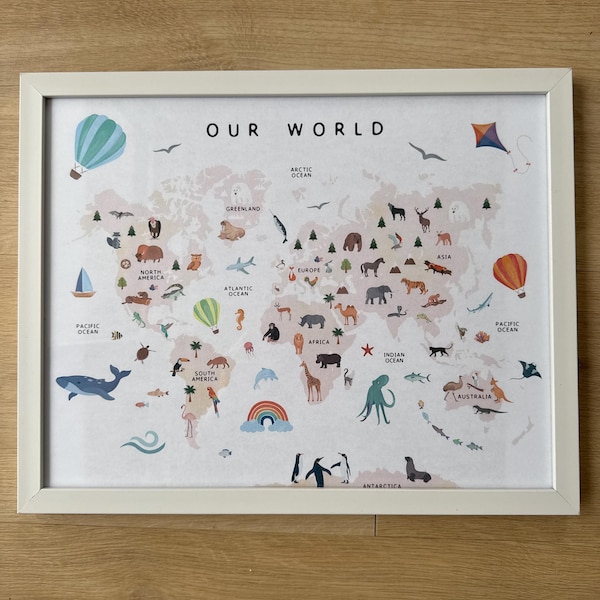 Animal World Map, Nursery Map, Safari Animals, Educational Poster ...