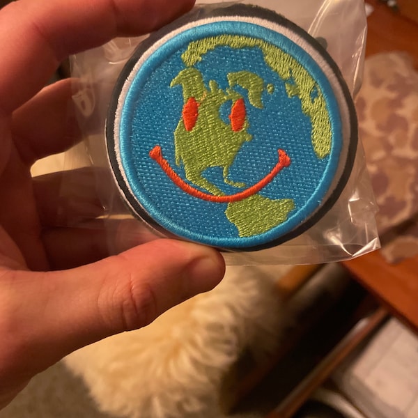 Smiley Face World Embroidered Patch - Back Patch - Backpack Patch ...