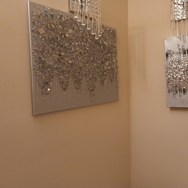 Pure Silver Minimalist Glam Glass & Glitter Wall Art, Glitter Glass Art ...