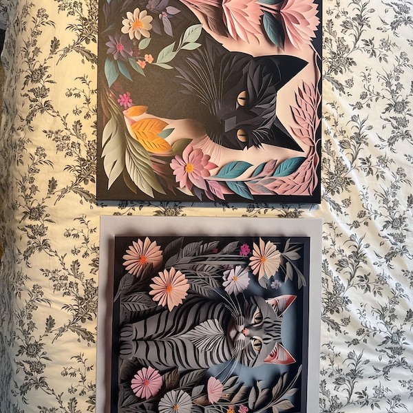 Gray Striped Cat Papercut Imitation Style Canvas, Feline Art Print for ...