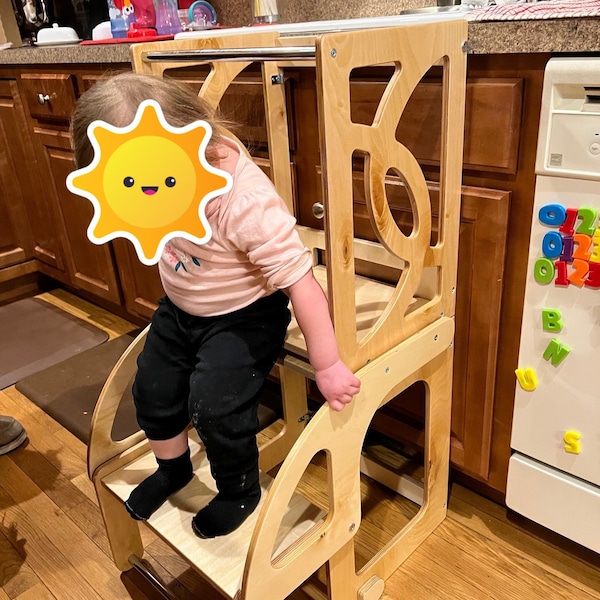 Natural Convertible Toddler Tower & Table WITH BACK, Toddler Kitchen ...