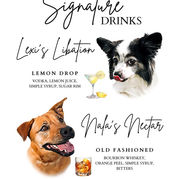 Custom Dog Signature Drinks Menu Card, Unique Pet Wedding Cocktail Sign ...