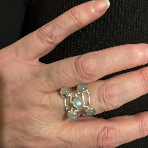 Vintage 925 Solid Sterling Silver Ring, Rainbow Moonstone Gemstone Ring ...