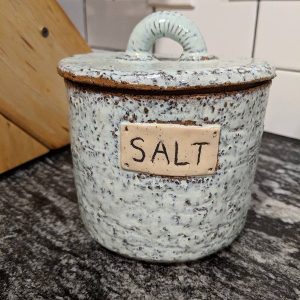 Ceramic Light Blue Salt Cellar, Ceramic Salt Canister, Pottery Salt Jar ...