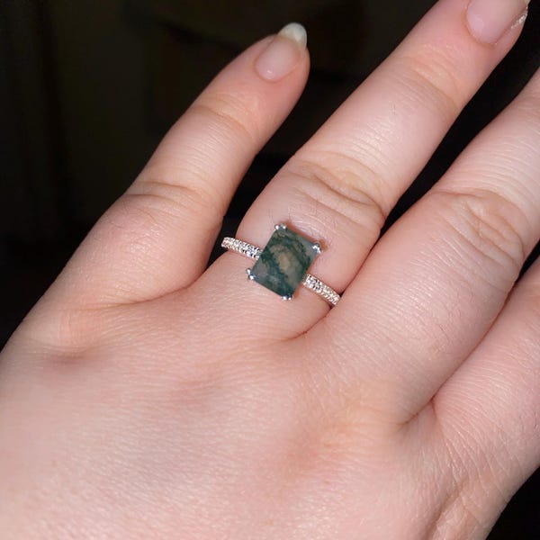 Natural Moss Agate Ring-emerald Cut Moss Agate Ring-gold-silver ...