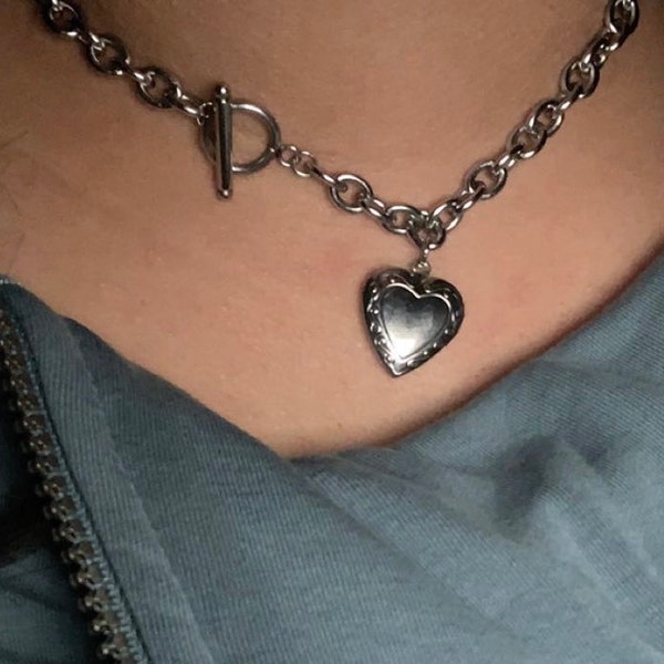 Heart Locket Necklace, Chunky Chain With Toggle Clasp, Photo Locket - Etsy