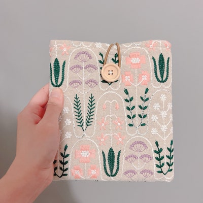 Linen Roses Book Sleeve, Embroidery Book Cover, Linen Flower Book Pouch ...