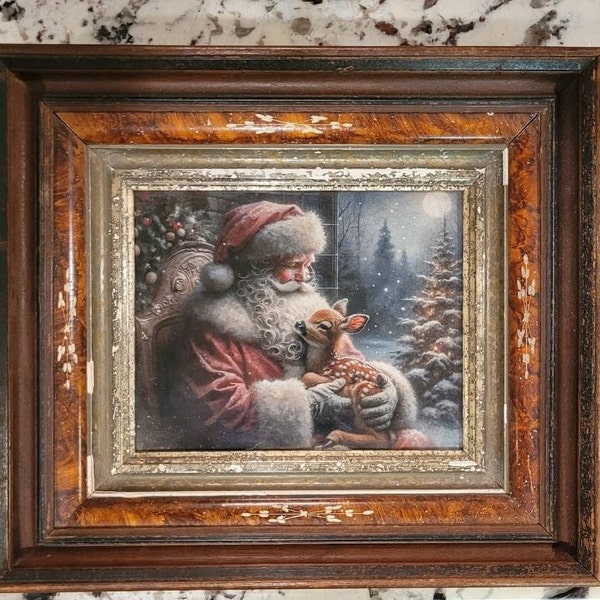 Christmas Holiday Antique Oil Painting, Vintage Santa Claus and ...