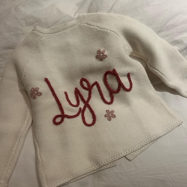 Personalised Baby Name Cardigan | Hand Embroidered Chunky Knit Frill ...