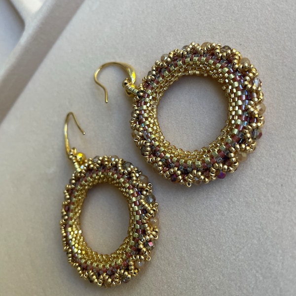 Beaded Hoop Earrings Tutorial: Gold Seed Bead & Crystal Beading Pattern ...