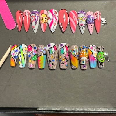 Tripping Illusion Press on Nails Handpainted Abstract Nail Art Glue on ...