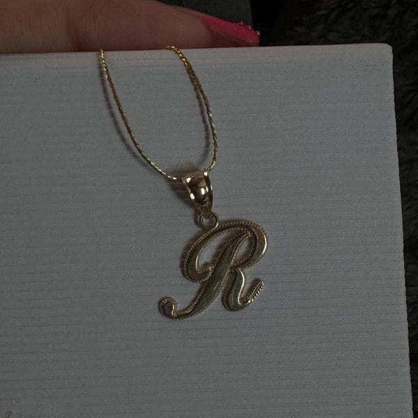 14k or 10k Solid Gold Cursive Initial Necklace, Cursive Initial Pendant ...