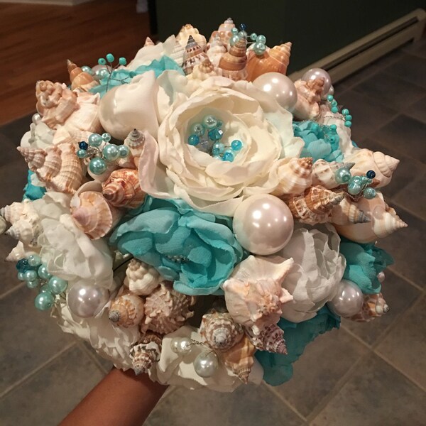 Handmade Seashells Wedding Bouquet. Turquoise and Ivory Wedding Bouquet ...