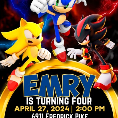 Sonic Shadow Super Sonic Invitation, Super Hedgehog Kids Party E-invite ...